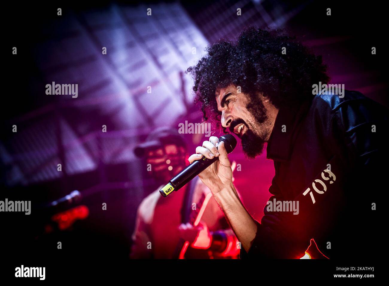 Michele Salvemini, better known as Caparezza performs live on stage ...