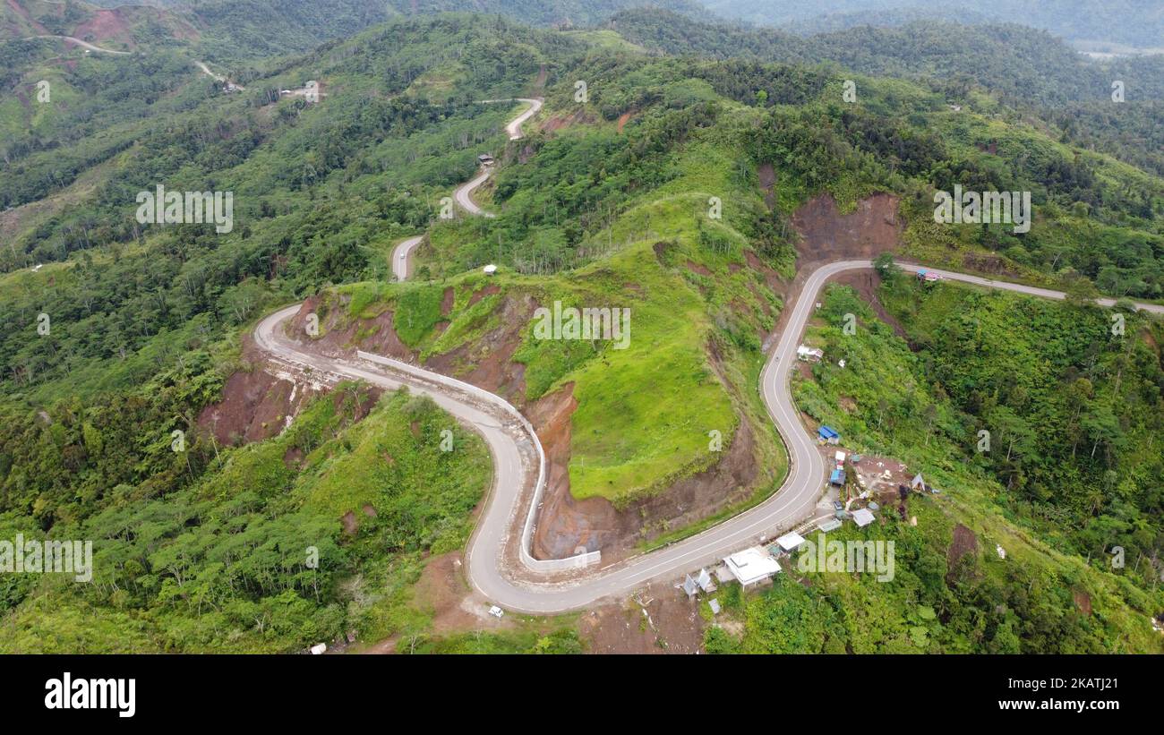 A beautiful view of a green landscape with trees and road on a hill ...