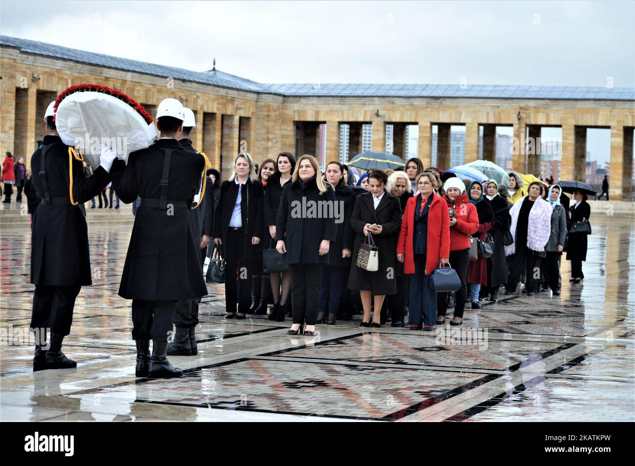 Turkish soldiers stand in front of a group of women at Anitkabir, the Mausoleum of founder and ...