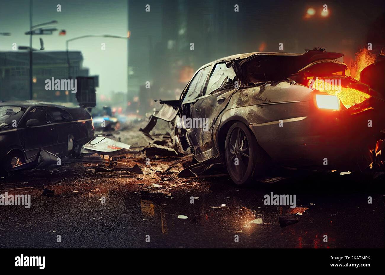 Cars in an urban area was cause damage and broken car wrecks. After ...