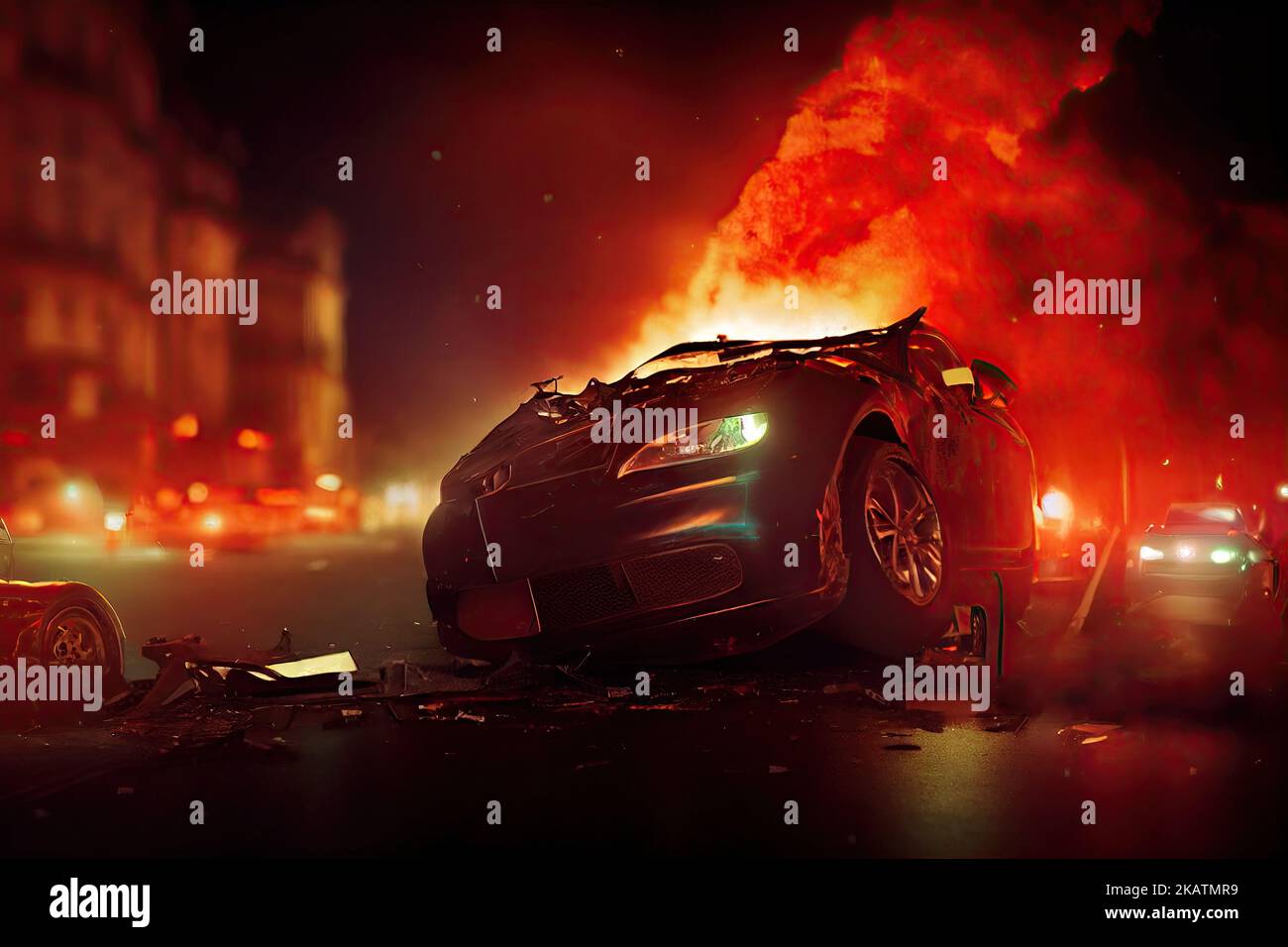 An urban car crash in city at night, resulting in damaged and smashed ...