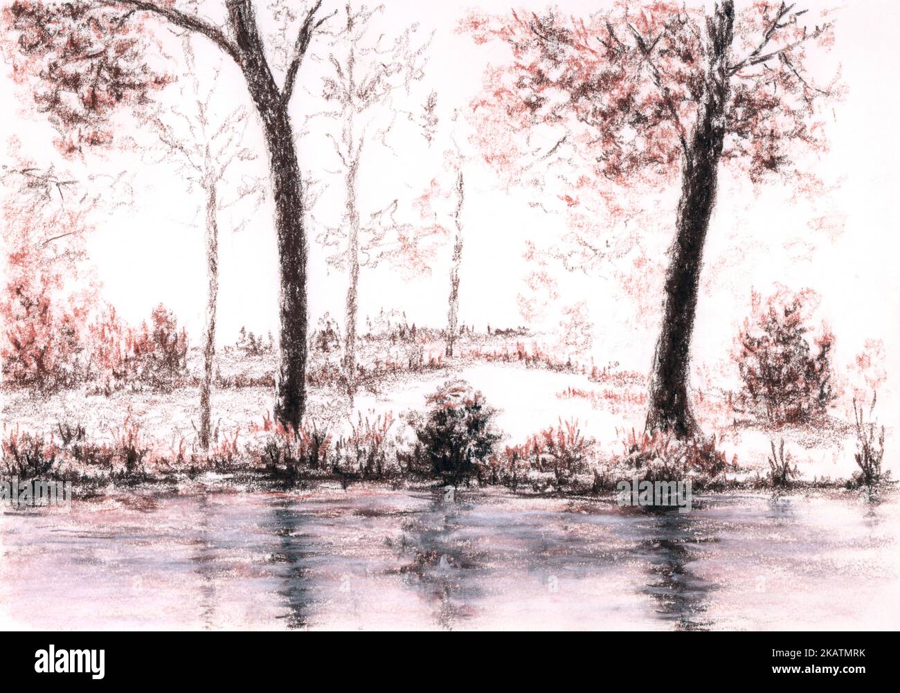 Landscape with trees over water surface. Ink, red pencil and chalk on ...