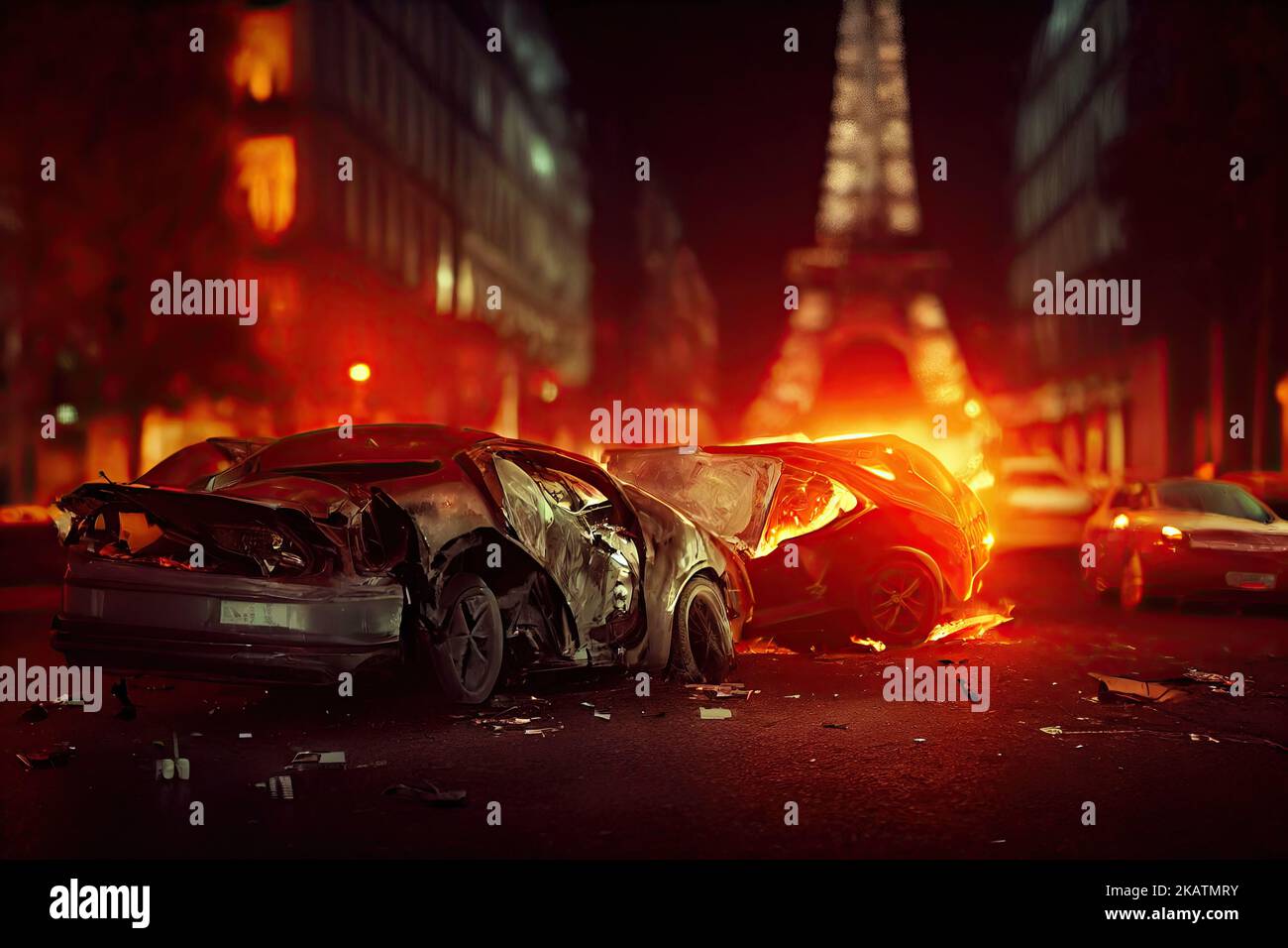 Damaged and smashed car wrecks in an urban car incident in Paris city ...