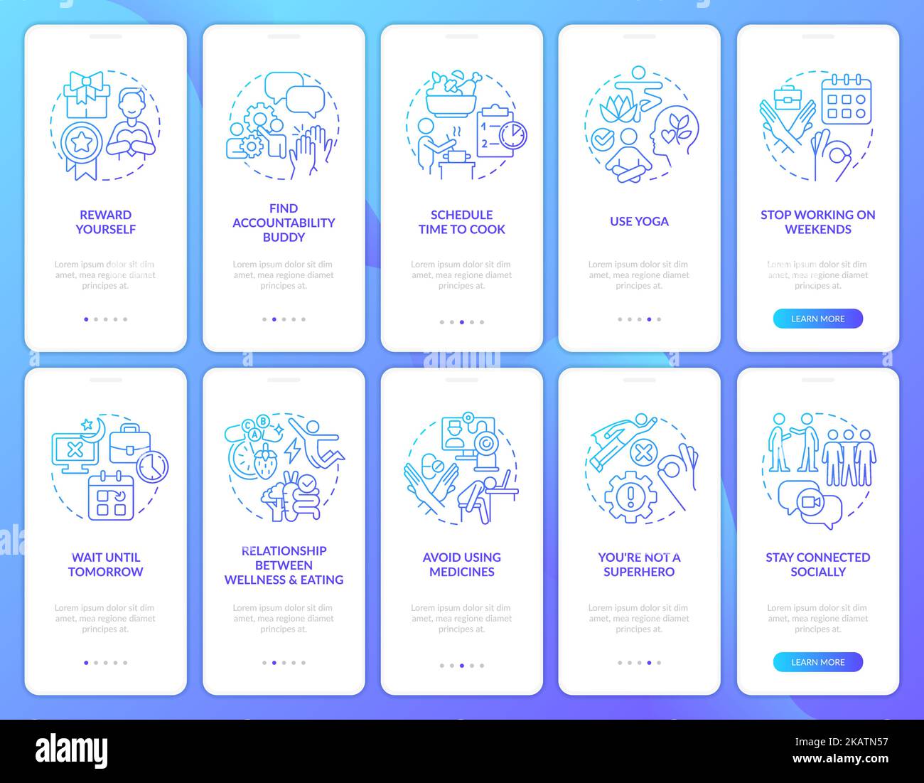 Employee mental health blue gradient onboarding mobile app screen set ...
