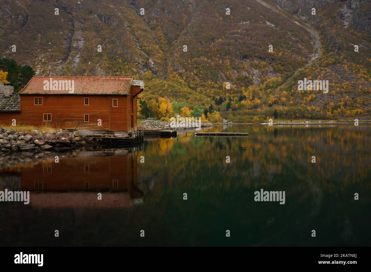 Autumn / Fall Landscape Fjord Water with orange boat house "Sjøbua ...
