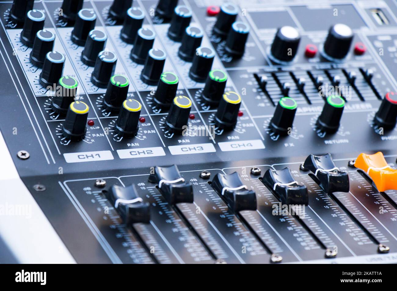 Sound engineering instrument, soundboard equalizer close-up Stock Photo ...