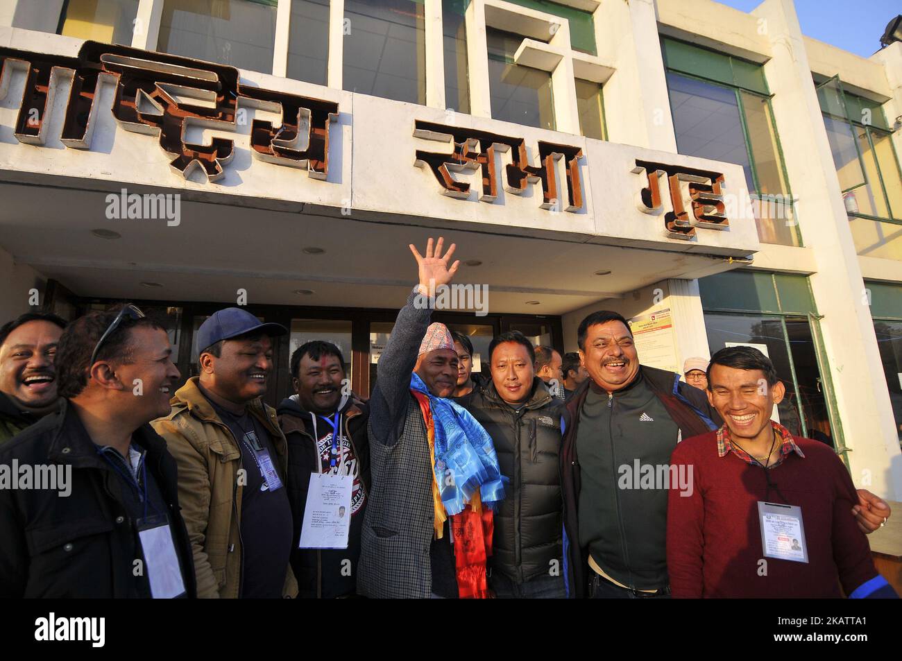 Nepali Congress senior leader Narottam Baidya wave hand after won the ...