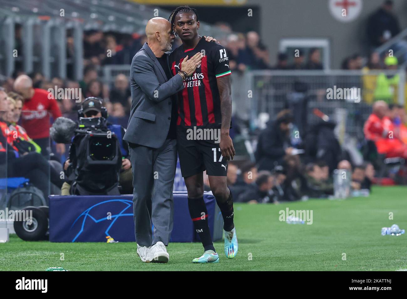 Milan, Italy. 02nd Nov, 2022. Rafael Leao of AC Milan (R) talks to ...