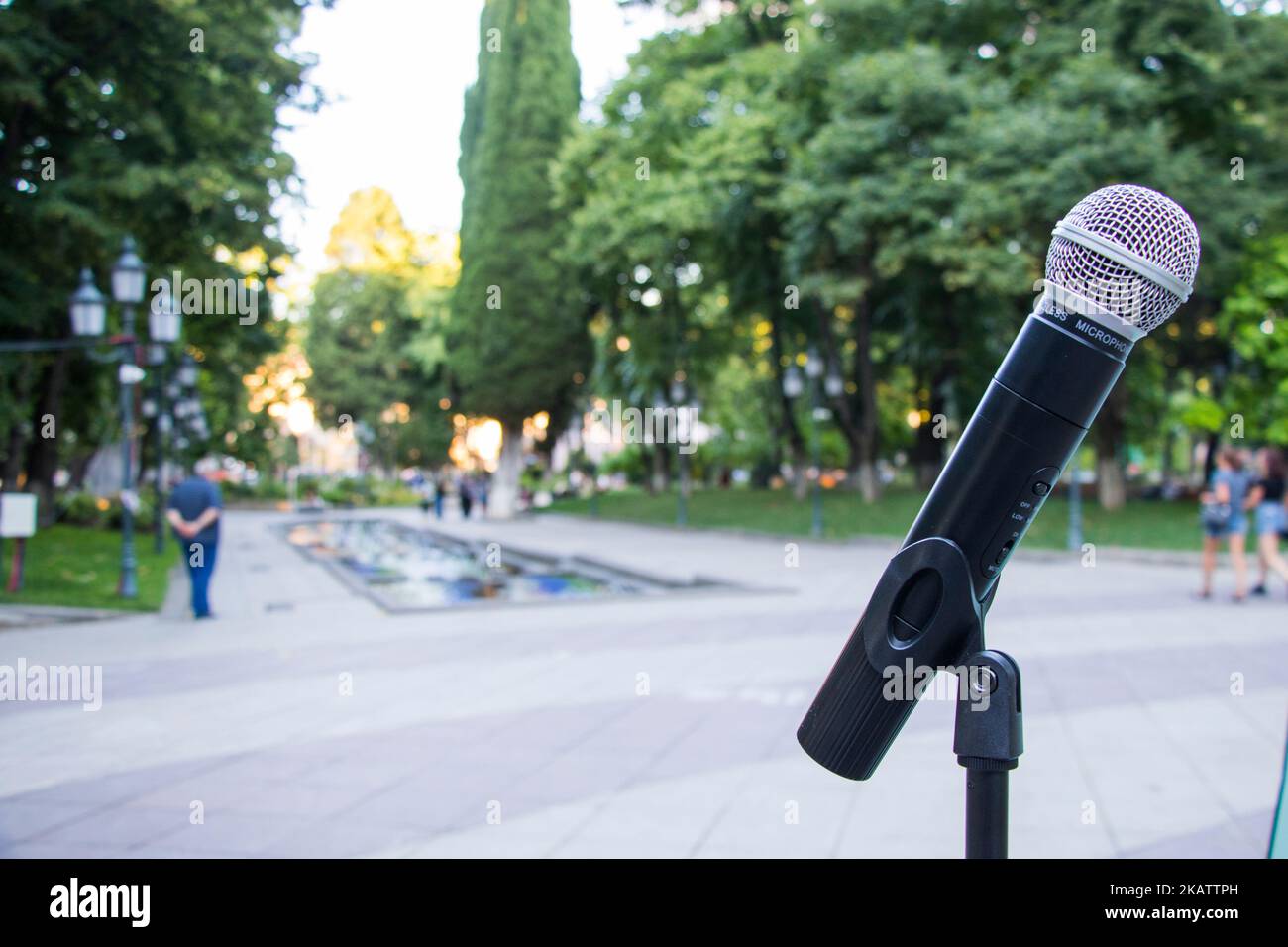 Microphone close-up, outdoor background, daylight Stock Photo - Alamy