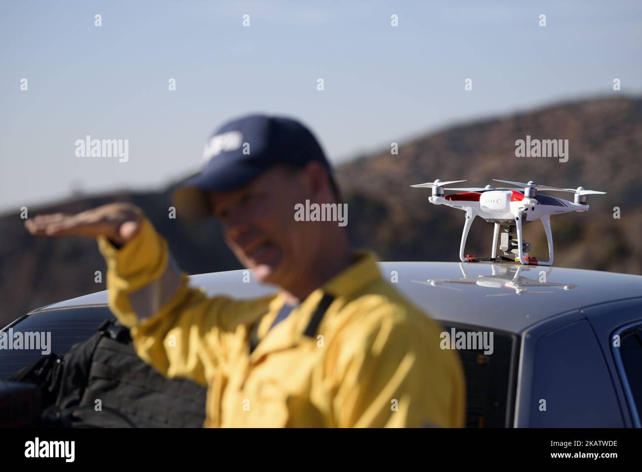 A drone is seen during a media demonstration by the Los Angeles Fire ...