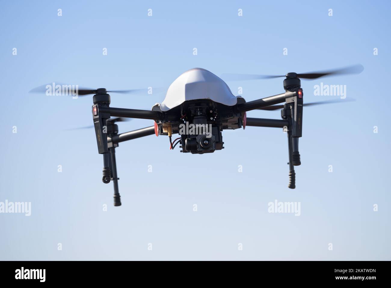 A drone flies during a media demonstration by the Los Angeles Fire ...