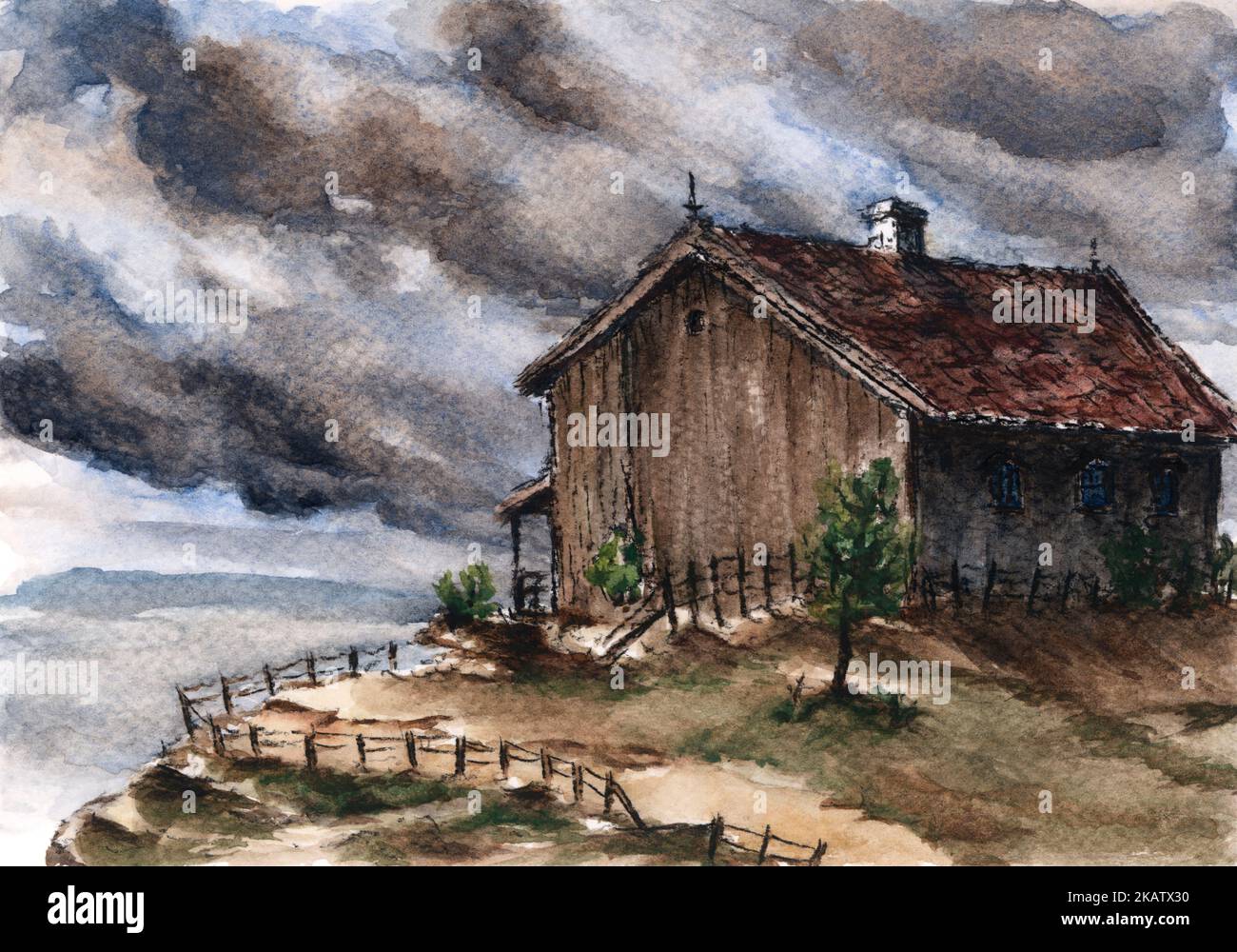 House on cliff under stormy sky. Charcoal and watercolor on paper Stock ...