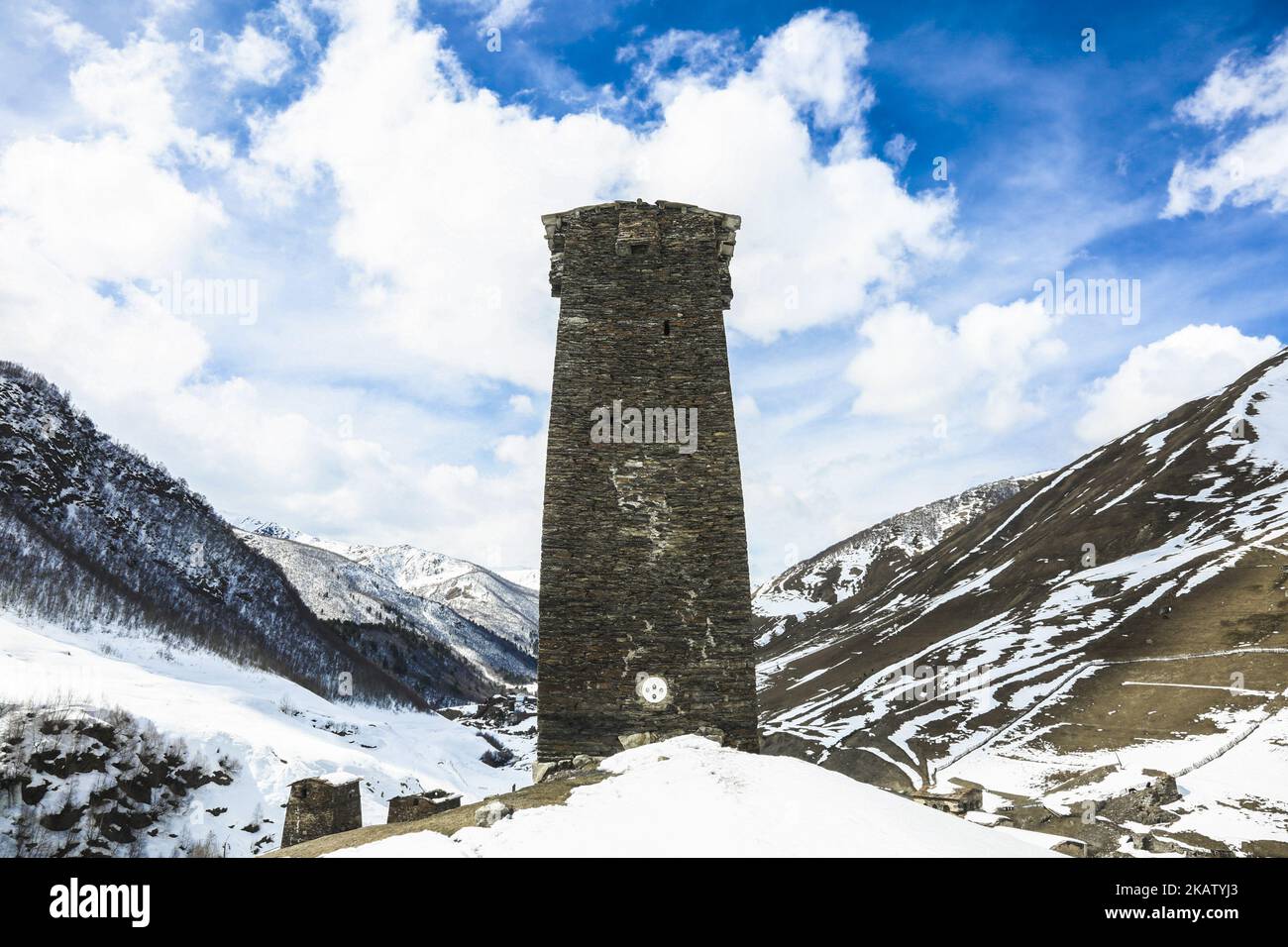 Snow covered Ushguli village at the foot of Mt. Shkhara in Georgia ...