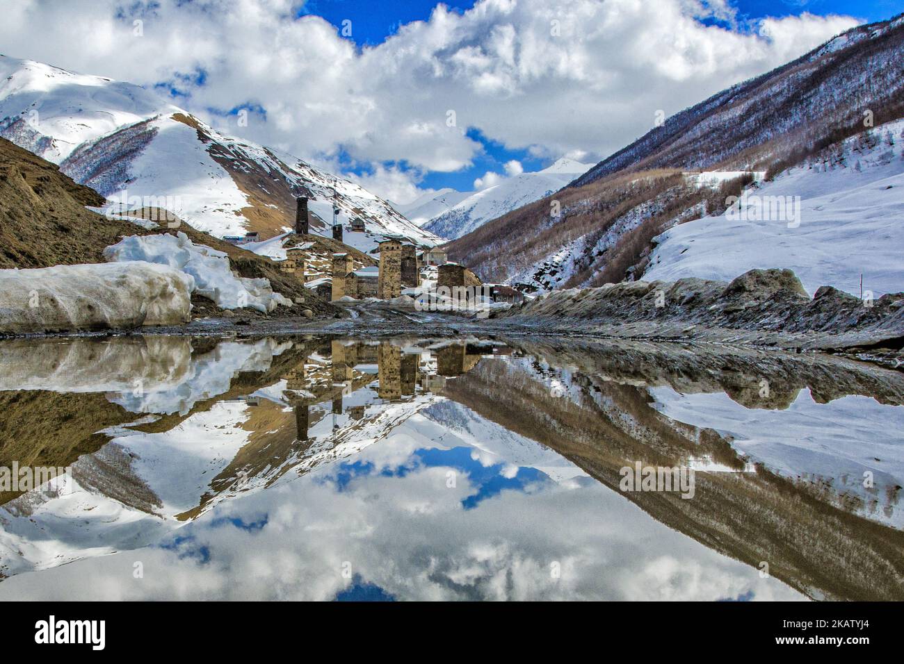 Snow covered Ushguli village at the foot of Mt. Shkhara in Georgia ...