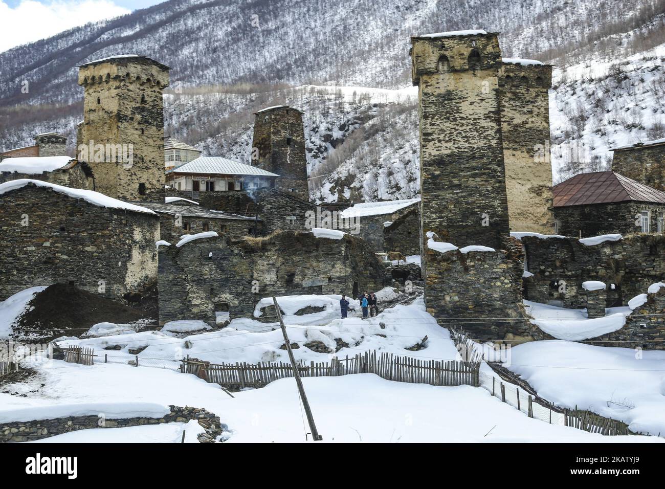 Snow covered Ushguli village at the foot of Mt. Shkhara in Georgia ...