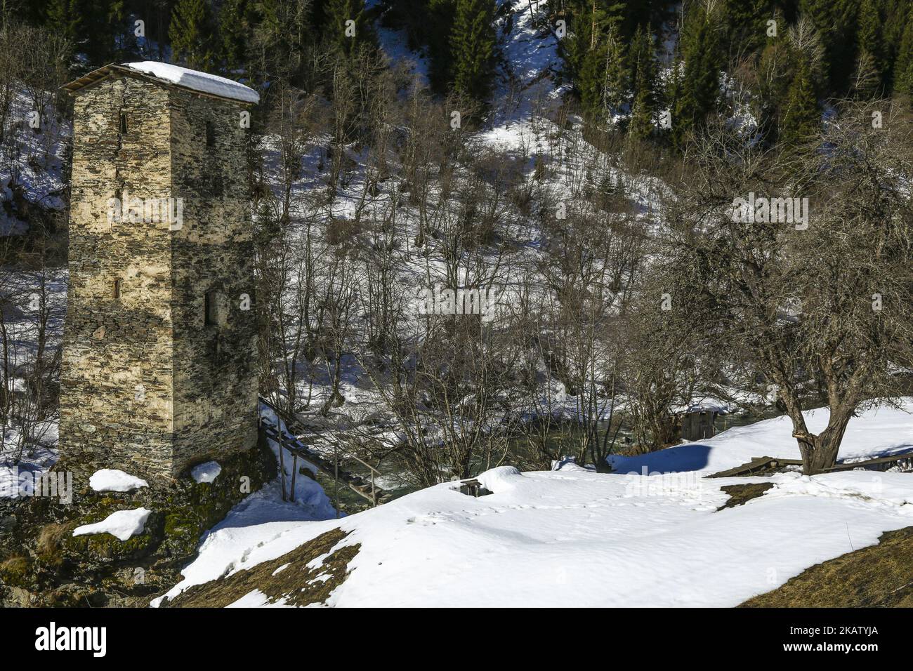 Snow covered Ushguli village at the foot of Mt. Shkhara in Georgia ...