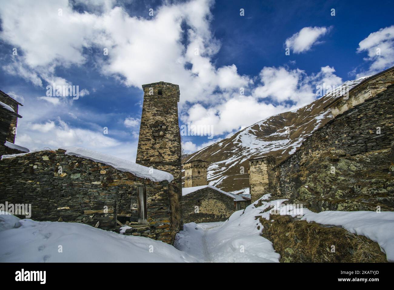 Snow covered Ushguli village at the foot of Mt. Shkhara in Georgia ...
