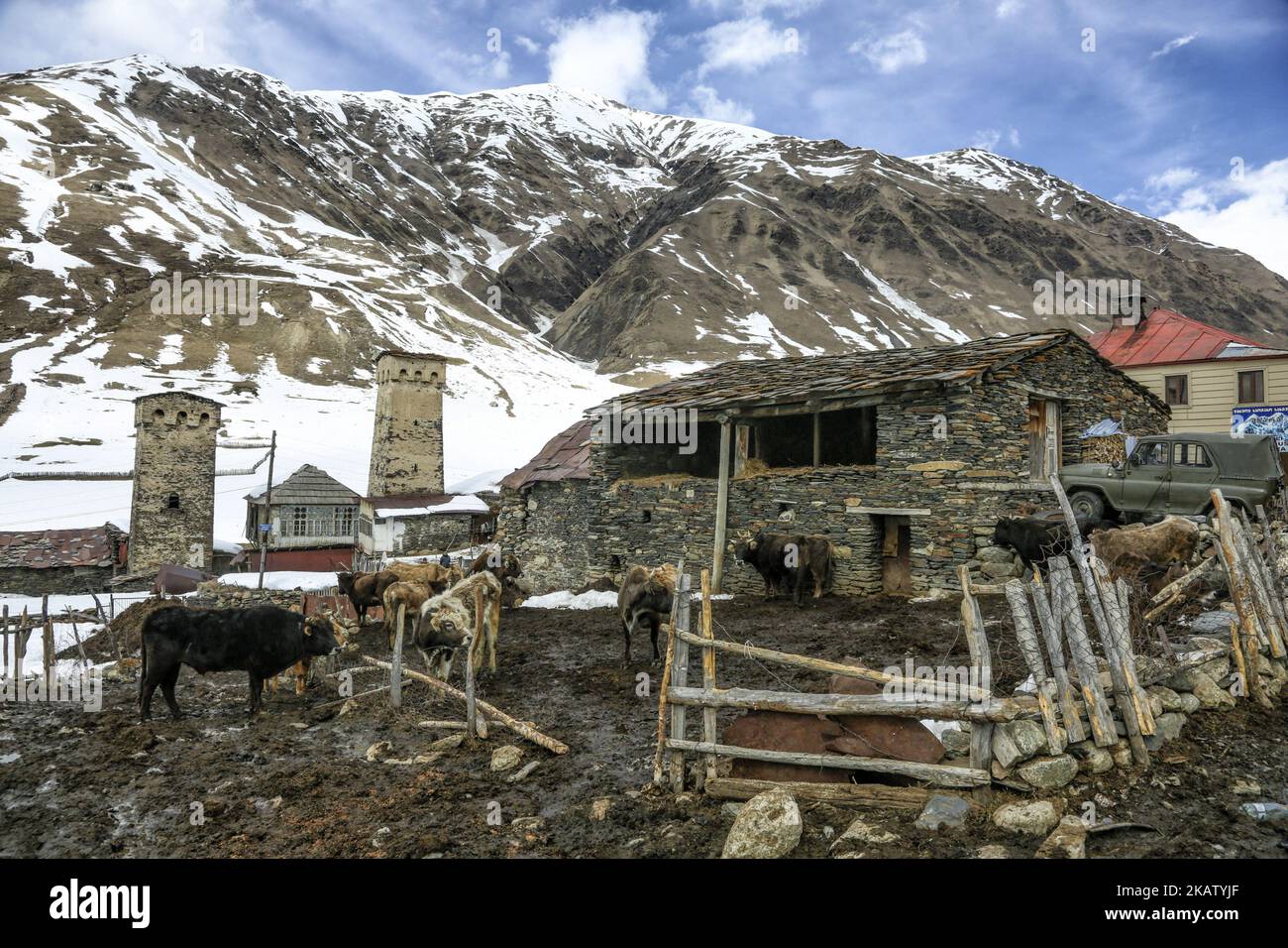 Snow covered Ushguli village at the foot of Mt. Shkhara in Georgia ...