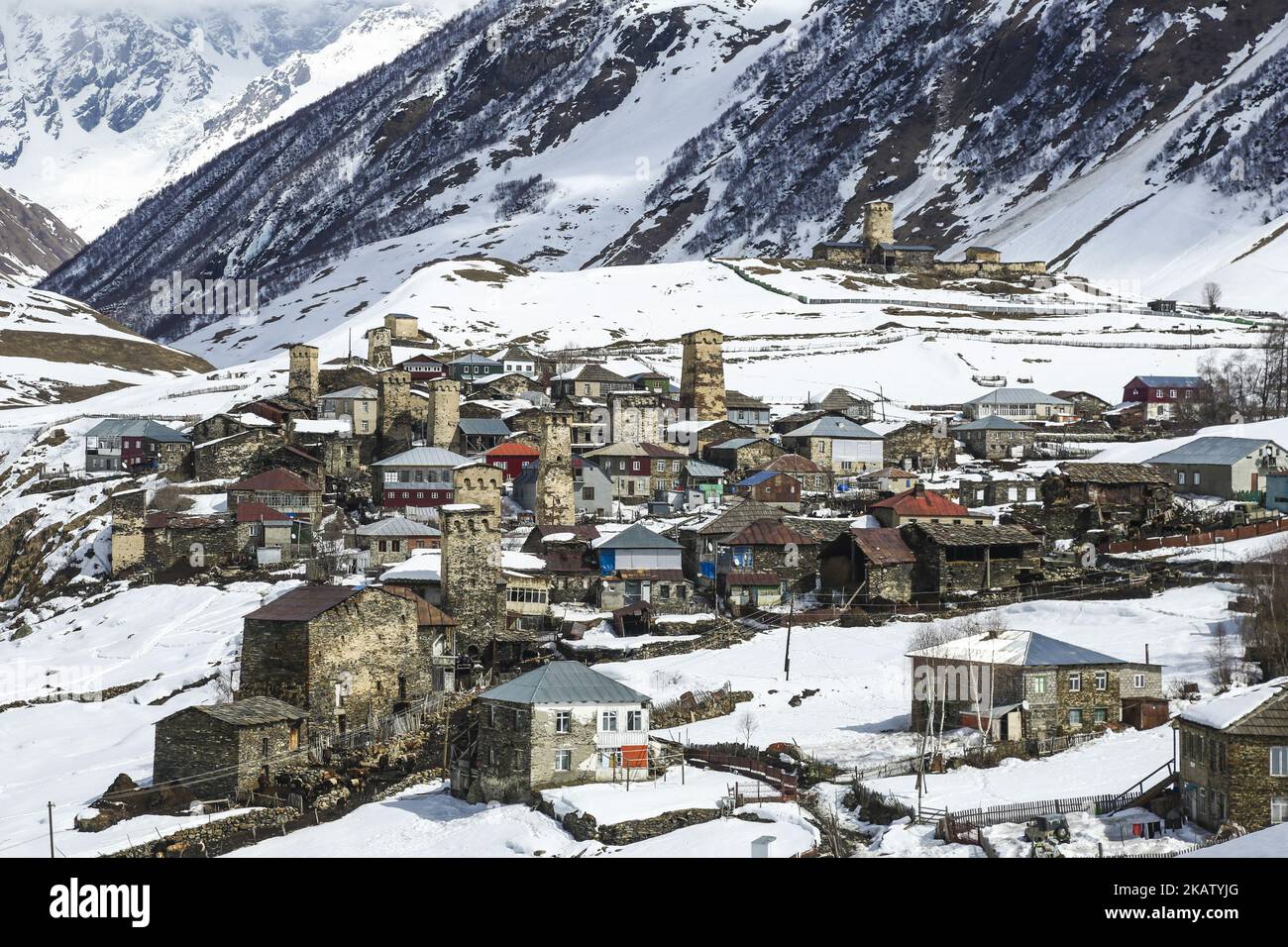 Snow covered Ushguli village at the foot of Mt. Shkhara in Georgia ...