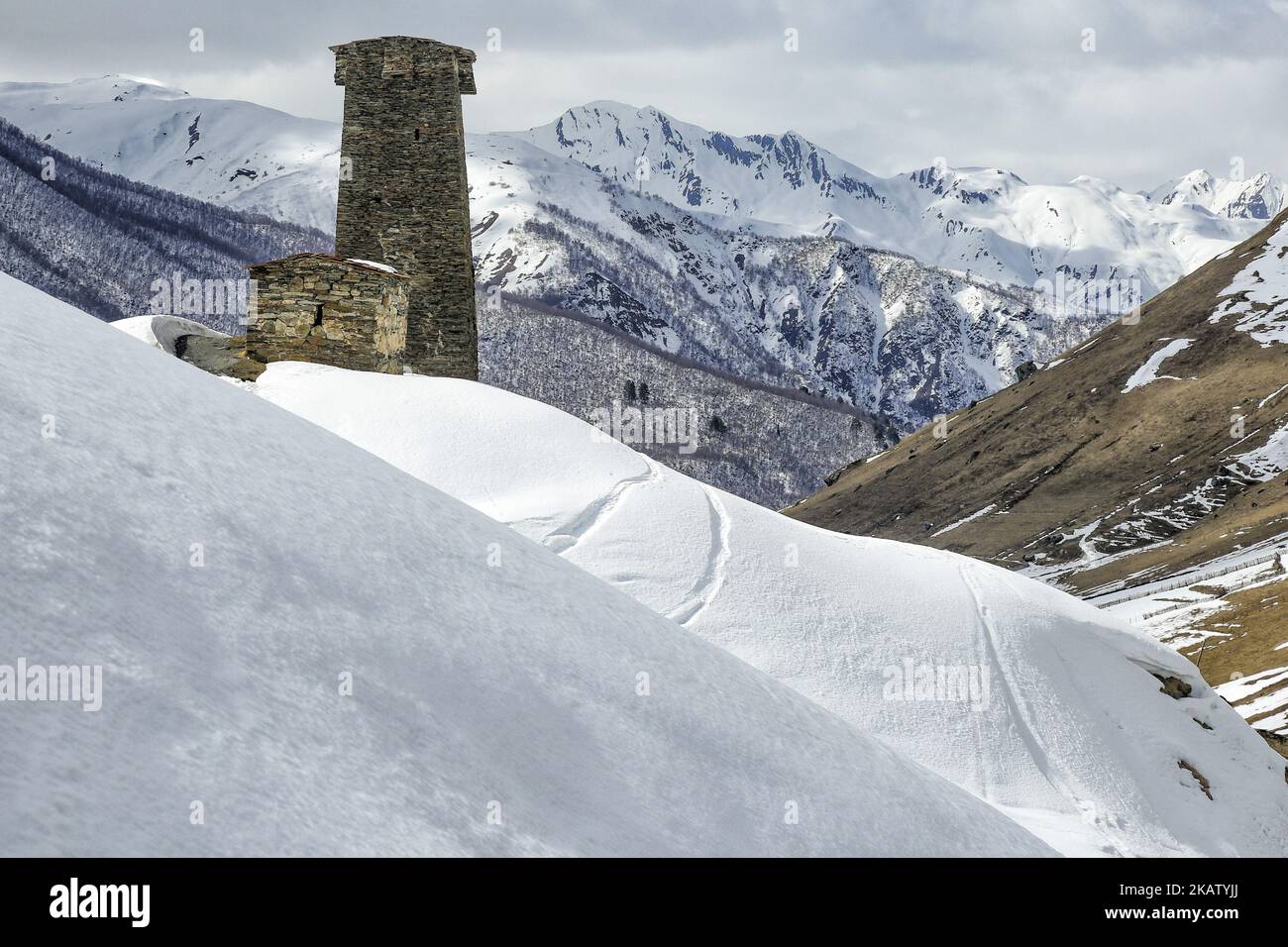 Snow covered Ushguli village at the foot of Mt. Shkhara in Georgia ...