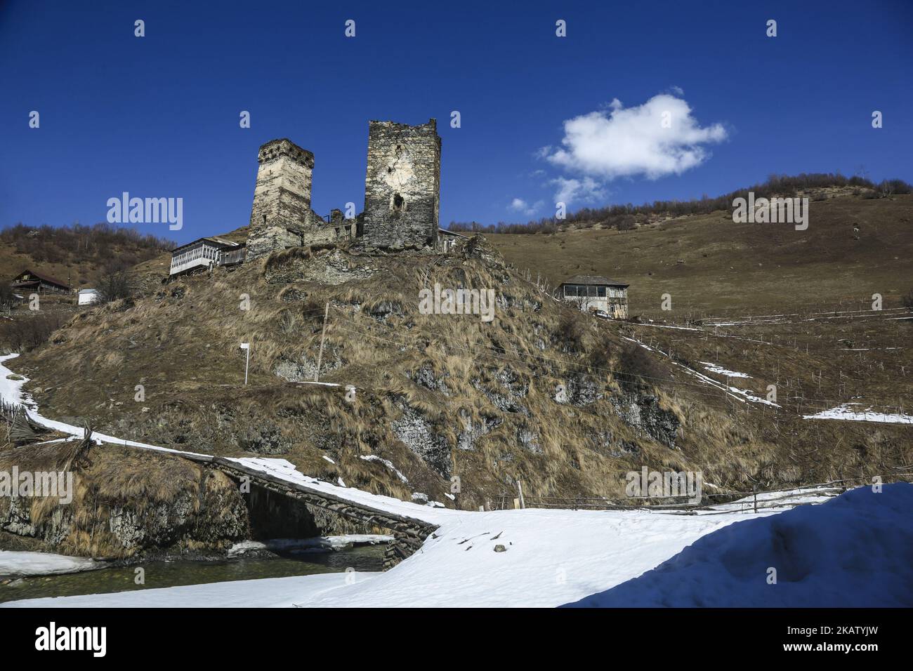 Snow covered Ushguli village at the foot of Mt. Shkhara in Georgia ...