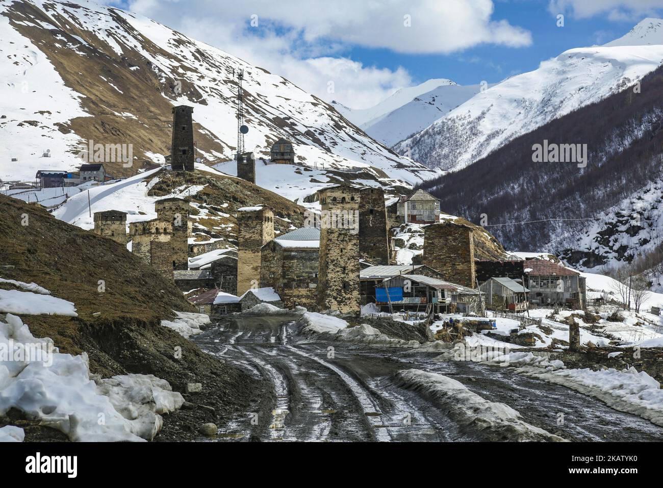 Snow covered Ushguli village at the foot of Mt. Shkhara in Georgia ...