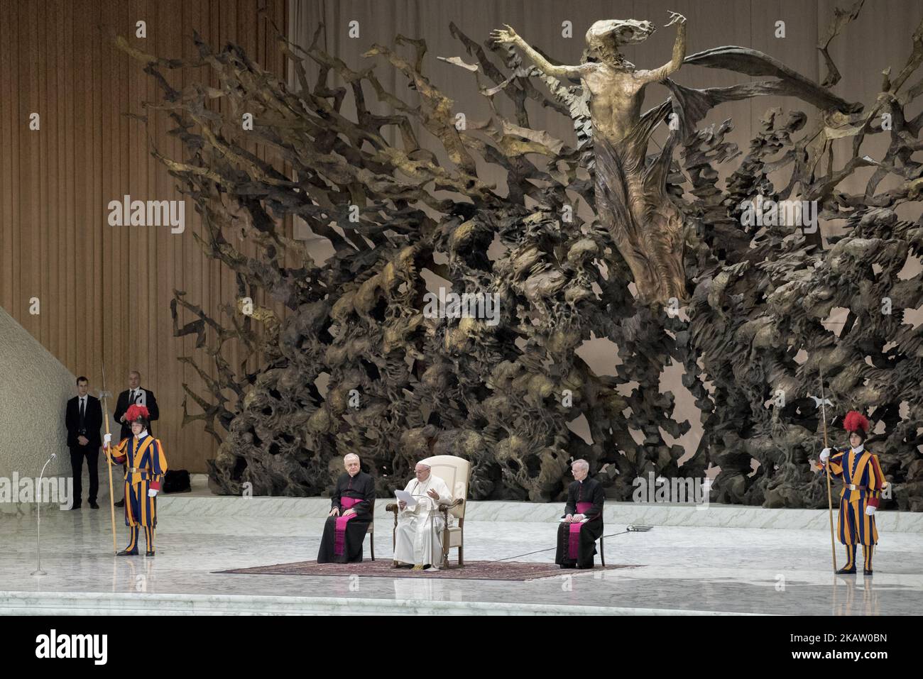 Pope Francis as he leads his Wednesday General Audience in Nervi Hall at the Vatican, 27 ...