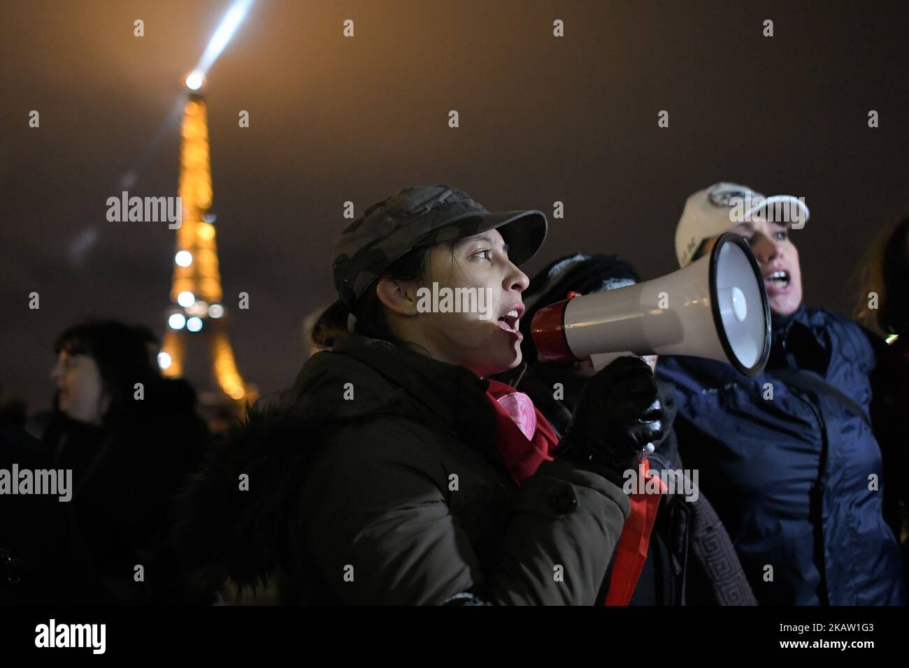 Wives of policemen wives protest at the Eiffel Tower of Paris, France ...