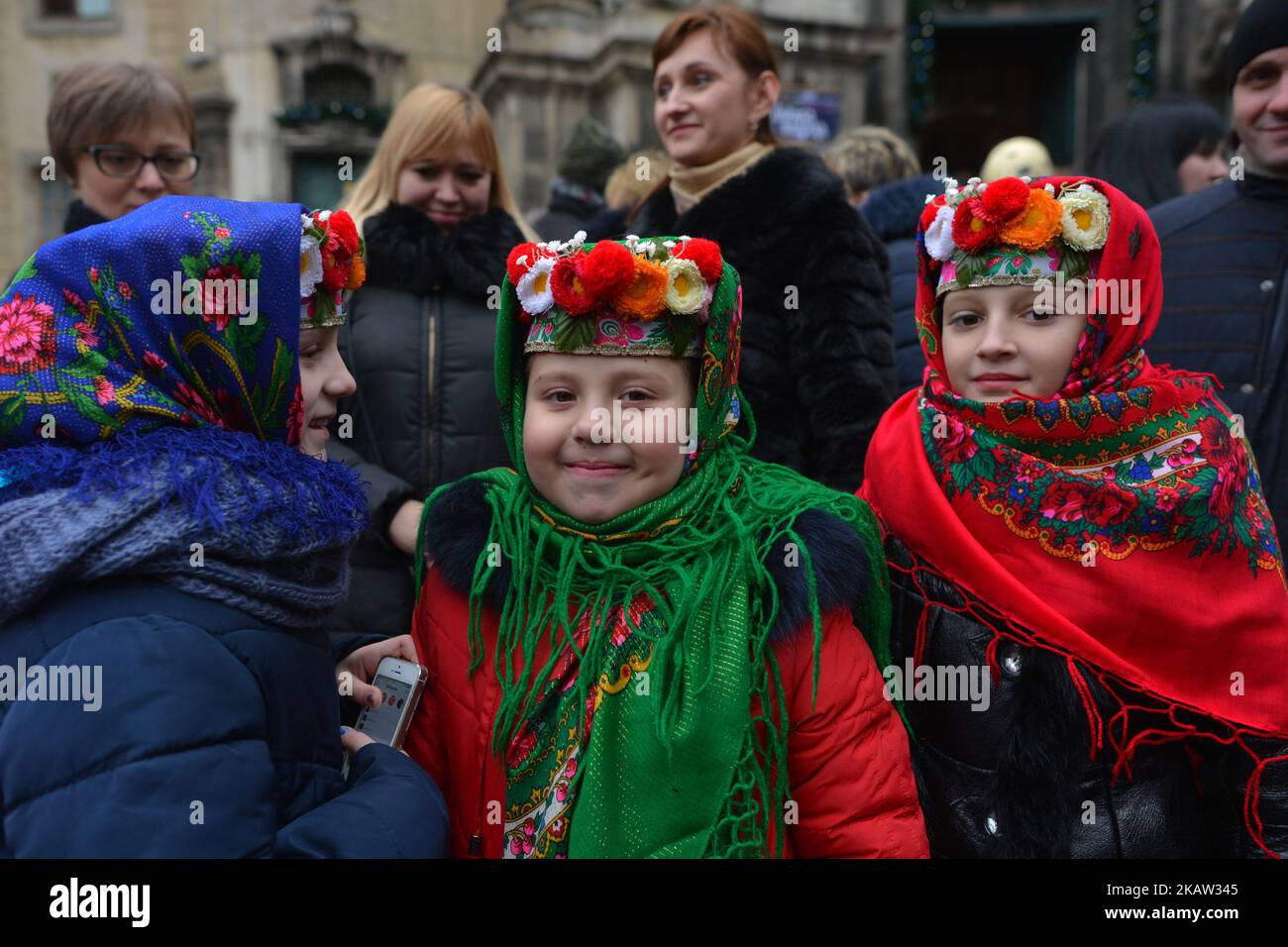 Young girls dressed in a traditional Ukrainian folk costiums awaiting ...