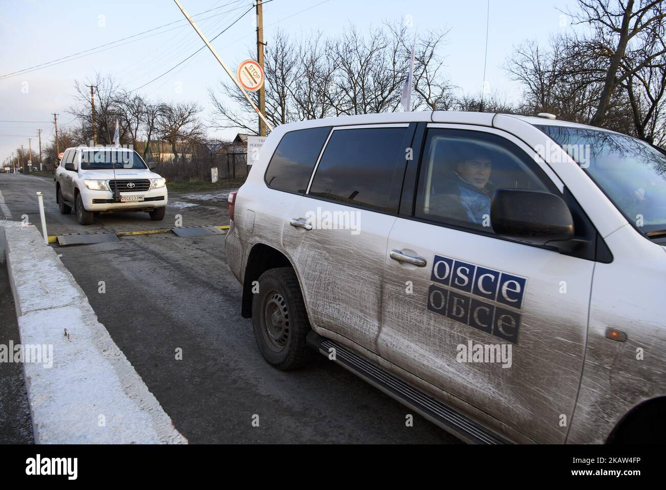 OSCE cars on Checkpoint "Hnutove" in Hnutove village, near Mariupol ...