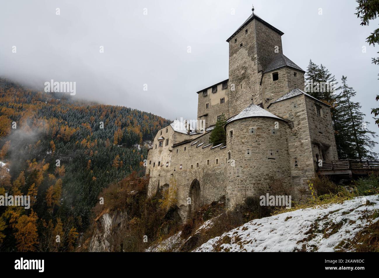 An outdoor view of the famous Taufers Castle in South Tyrol, Italy ...