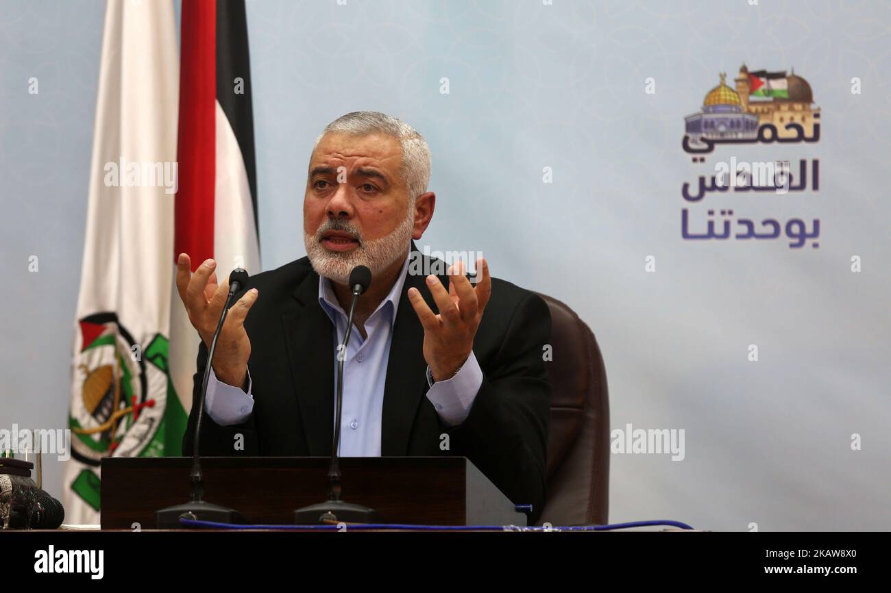 Hamas' leader Ismail Haniya delivers a speech in Gaza city on January ...