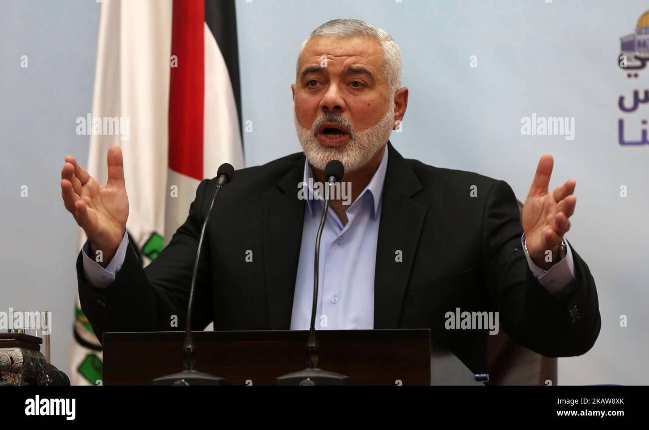 Hamas' leader Ismail Haniya delivers a speech in Gaza city on January ...