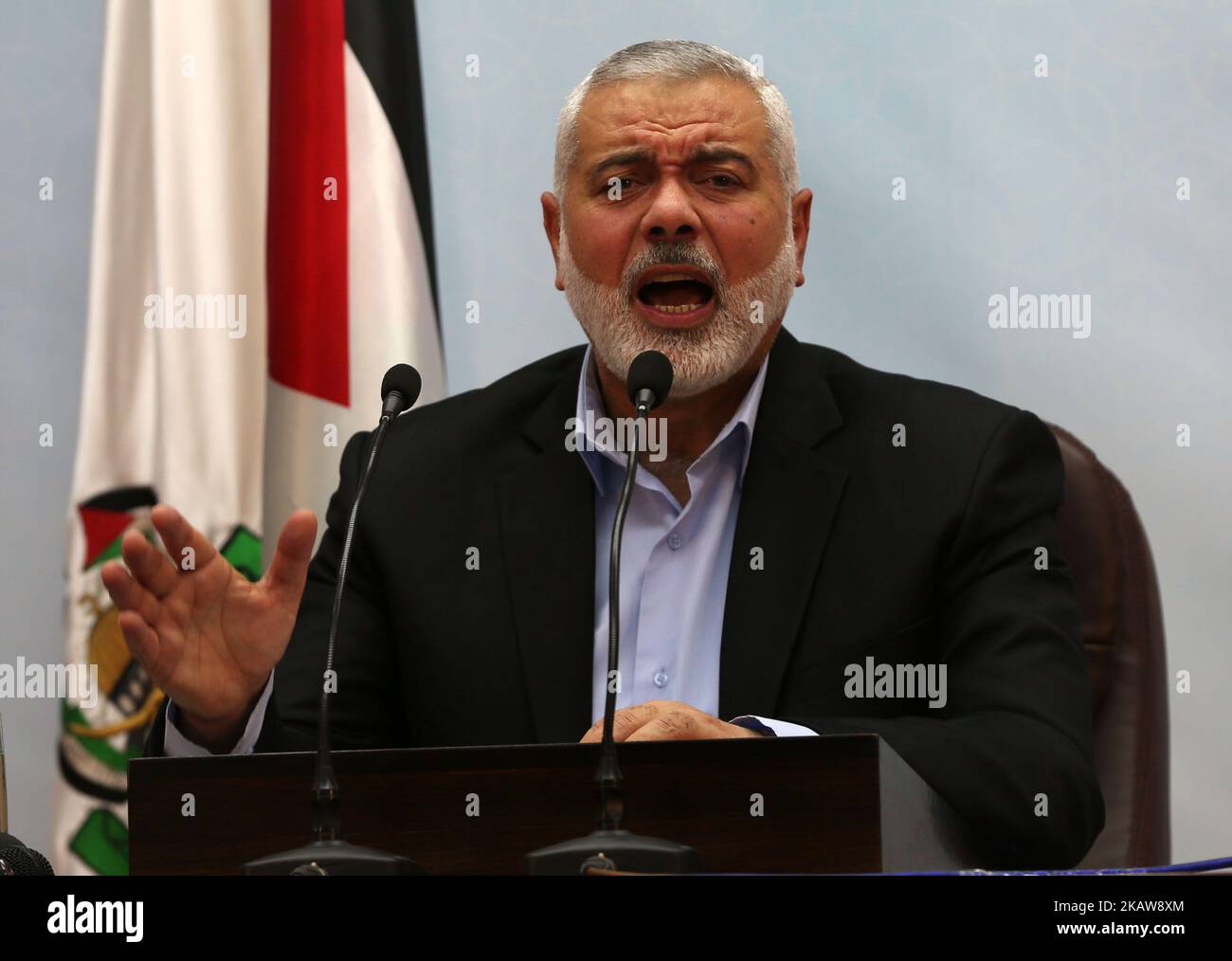 Hamas' leader Ismail Haniya delivers a speech in Gaza city on January ...