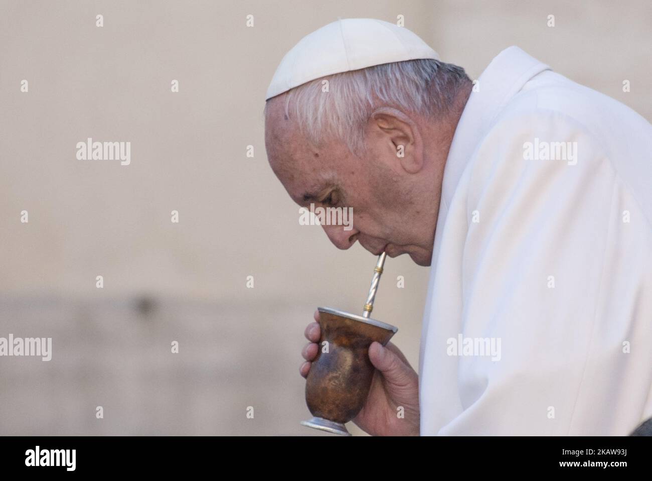 Pope Francis drinks from a traditional mate gourd, at the end of the ...