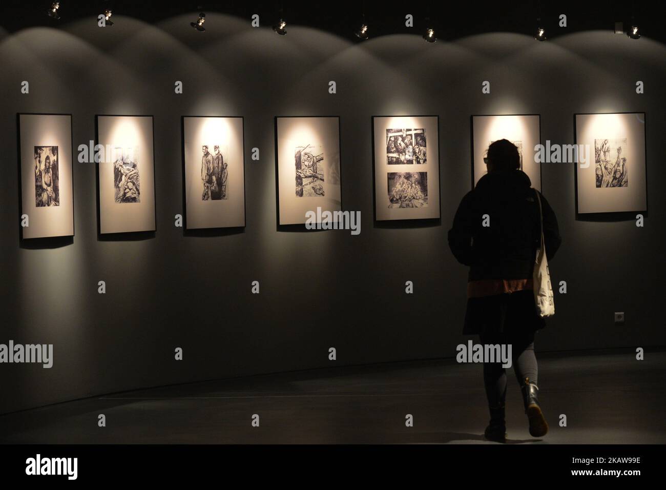 A view of a person visiting a permanent exhibition inside the Auschwitz ...