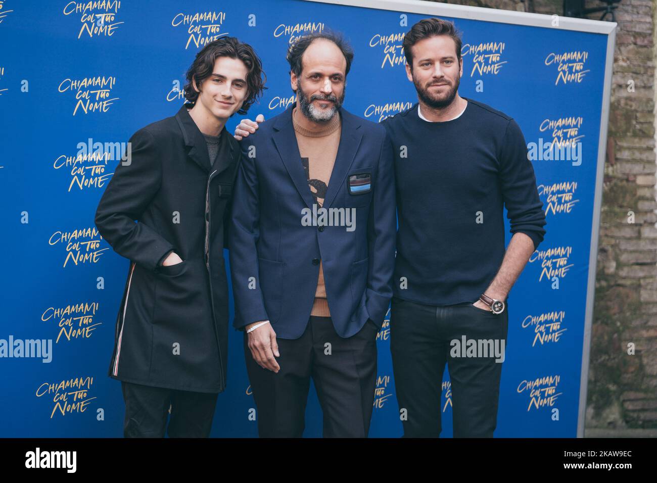 (L-R) Timothee Chalamet, Italian director Luca Guadagnino and Armie Hammer attend 'Chiamami Col ...