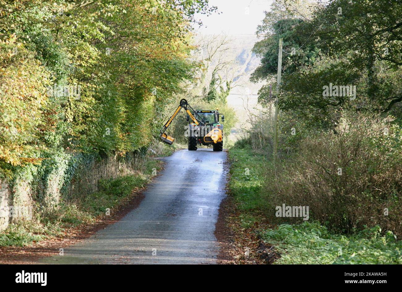 Hedgecutting on a country lane, Worston, Clitheroe, Lancashire U.K ...