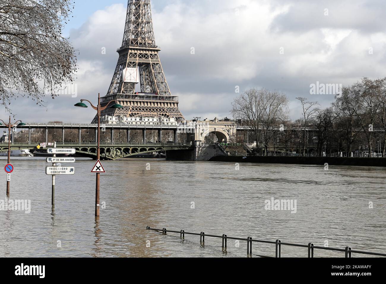 A flooded bank of the Seine in front of the Eiffel tower on January 26, 2018, as the River Seine ...