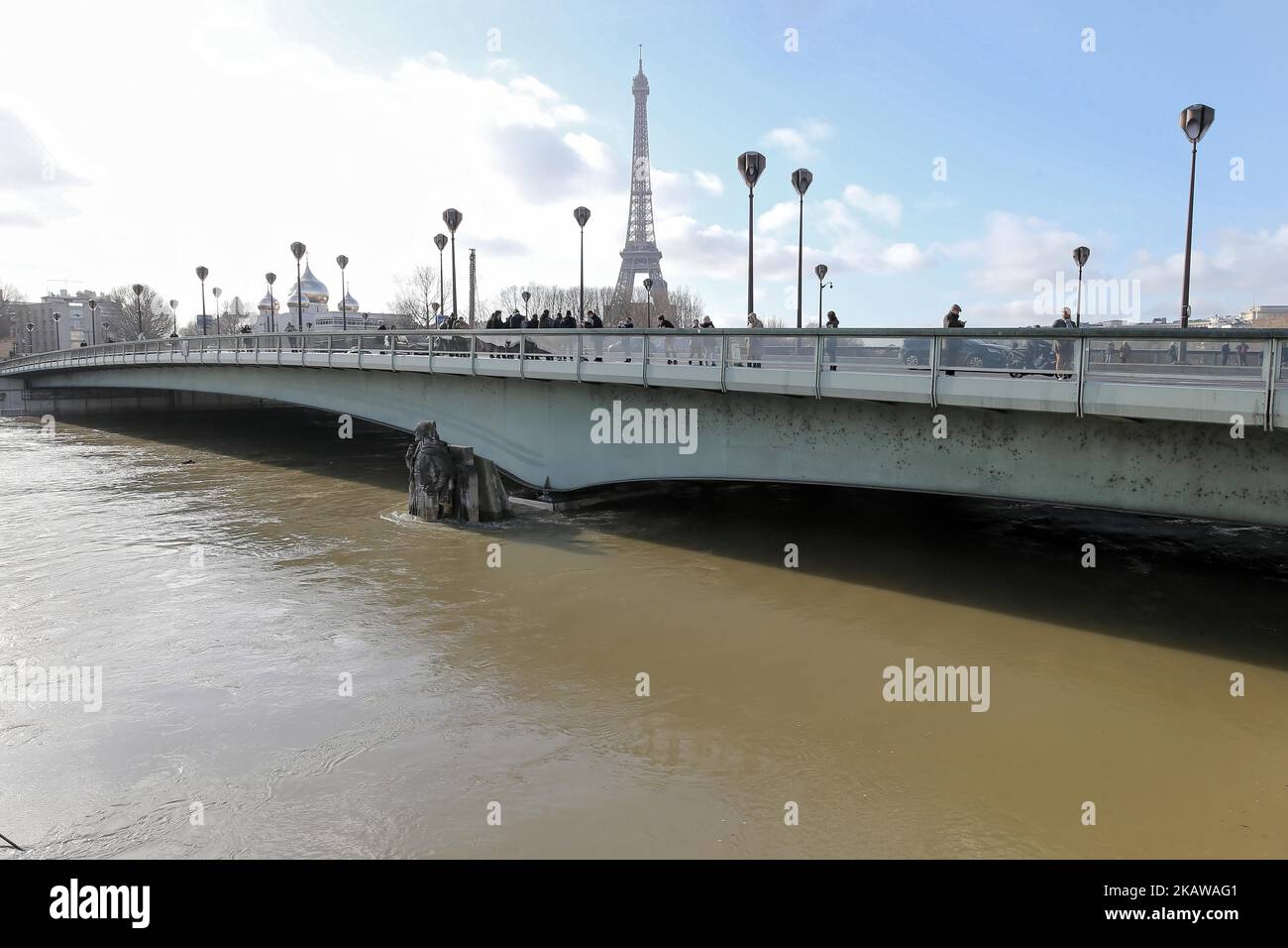 The Zouave statue at the Pont D'Alma bridge stands partially submerged ...