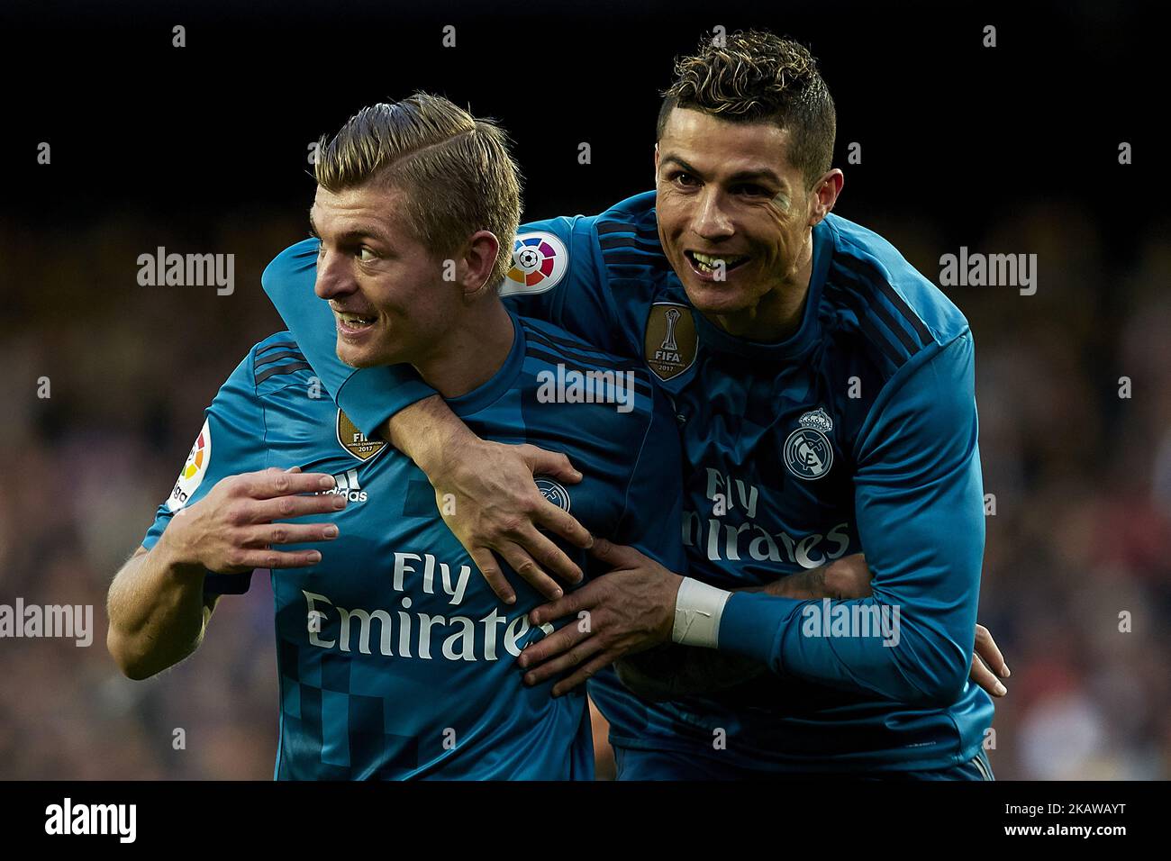 Toni Kroos (L) of Real Madrid CF celebrates after scoring with his ...