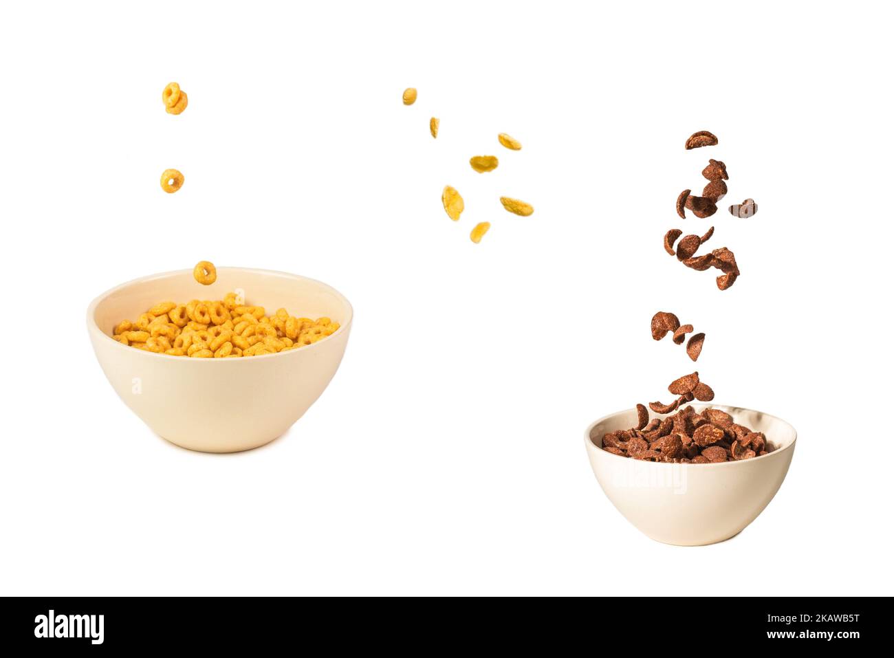 Honey rings cereal box for morning breakfast. Corn flakes falling to ...