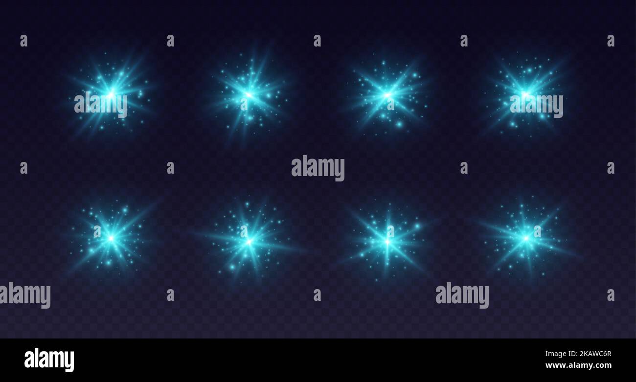 Lens flares with sparkles, blue starbursts set, shiny camera flashes ...