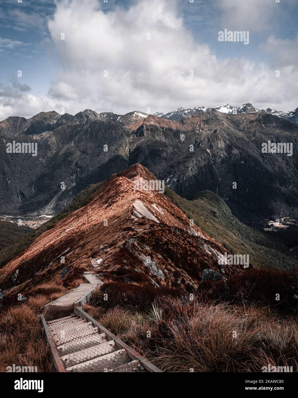 A vertical shot of the hiking trail of Kepler Track in New Zealand ...