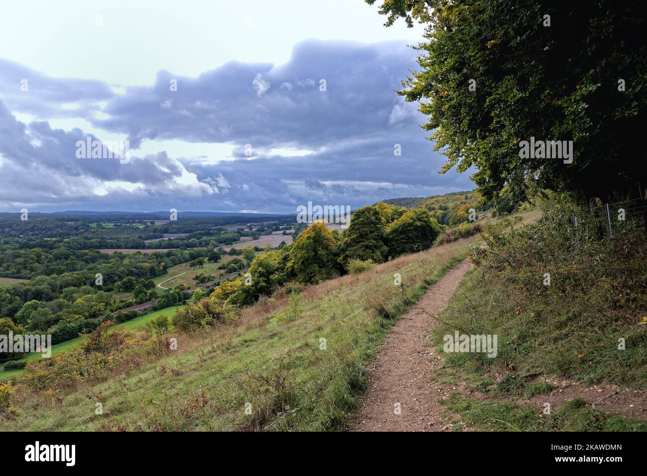 The Surrey Hills at Ranmore Common with dark clouds forming on an ...
