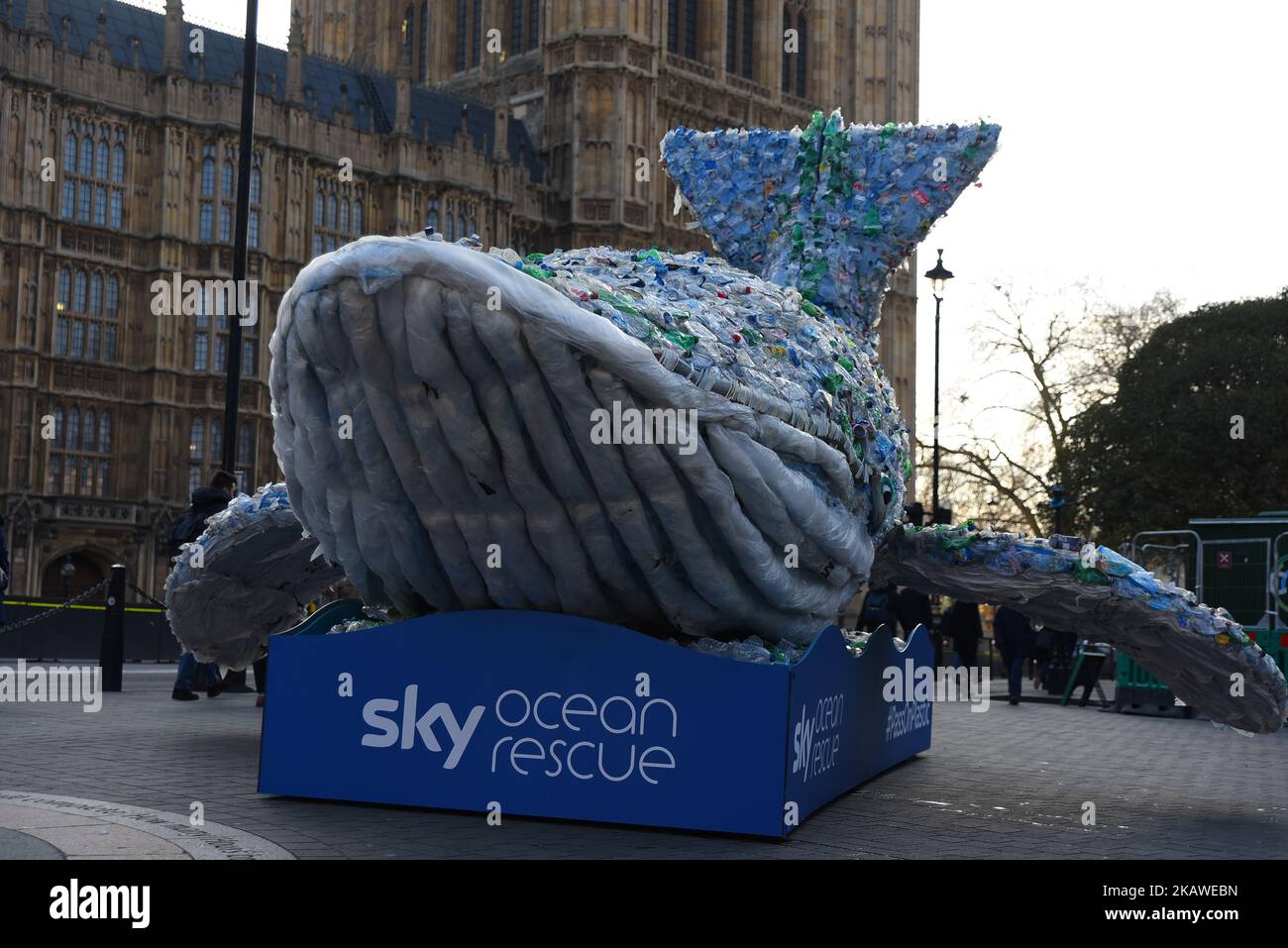 A sculpture of a whale made of plastic bottles is pictured outside the ...