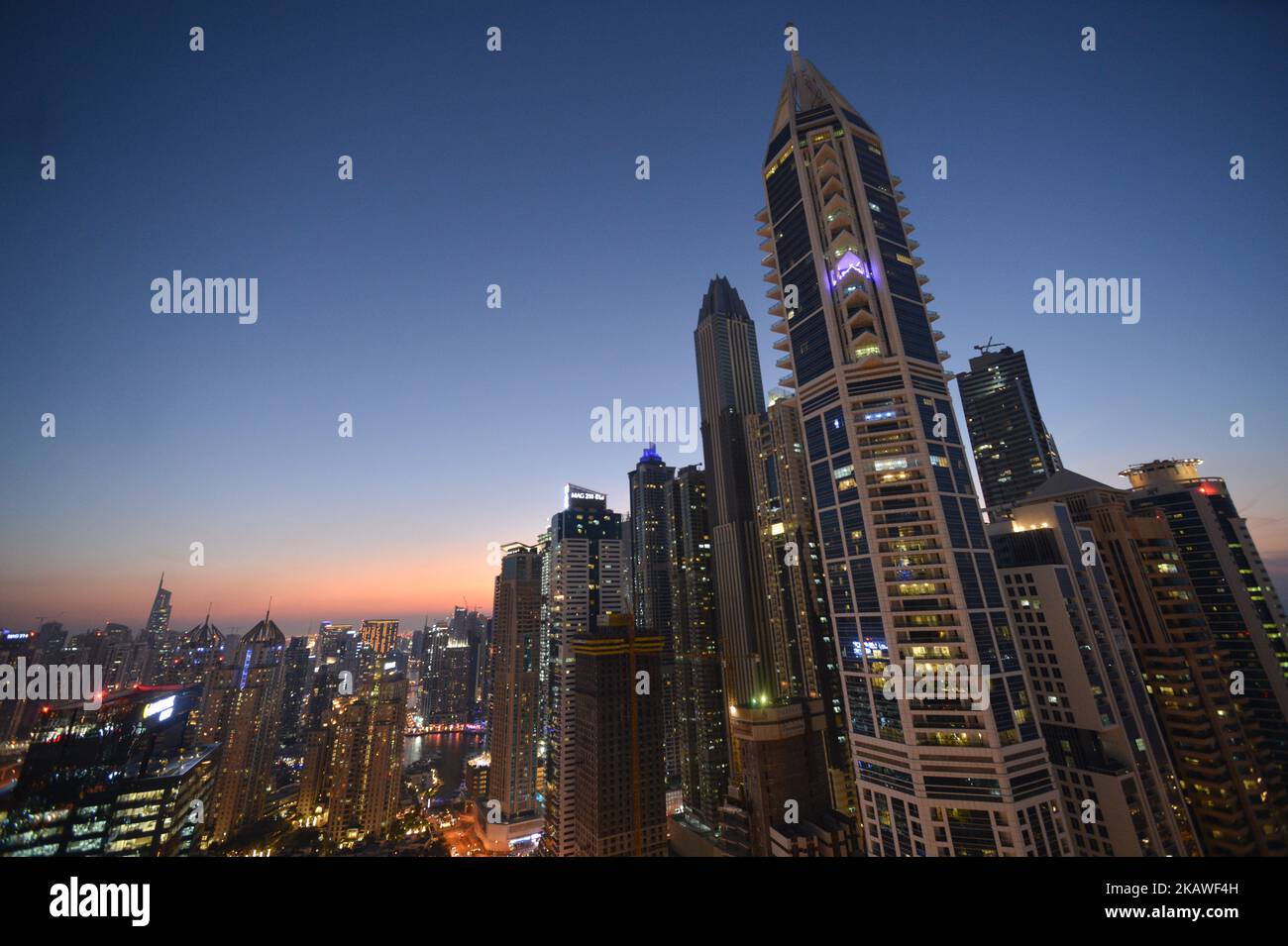 A panoramic evening view of Dubai Marina area, seen from the Media One ...