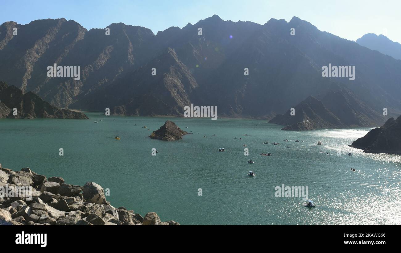 A spectacular panoramic view from the top of Hatta Dam, surrounded by ...