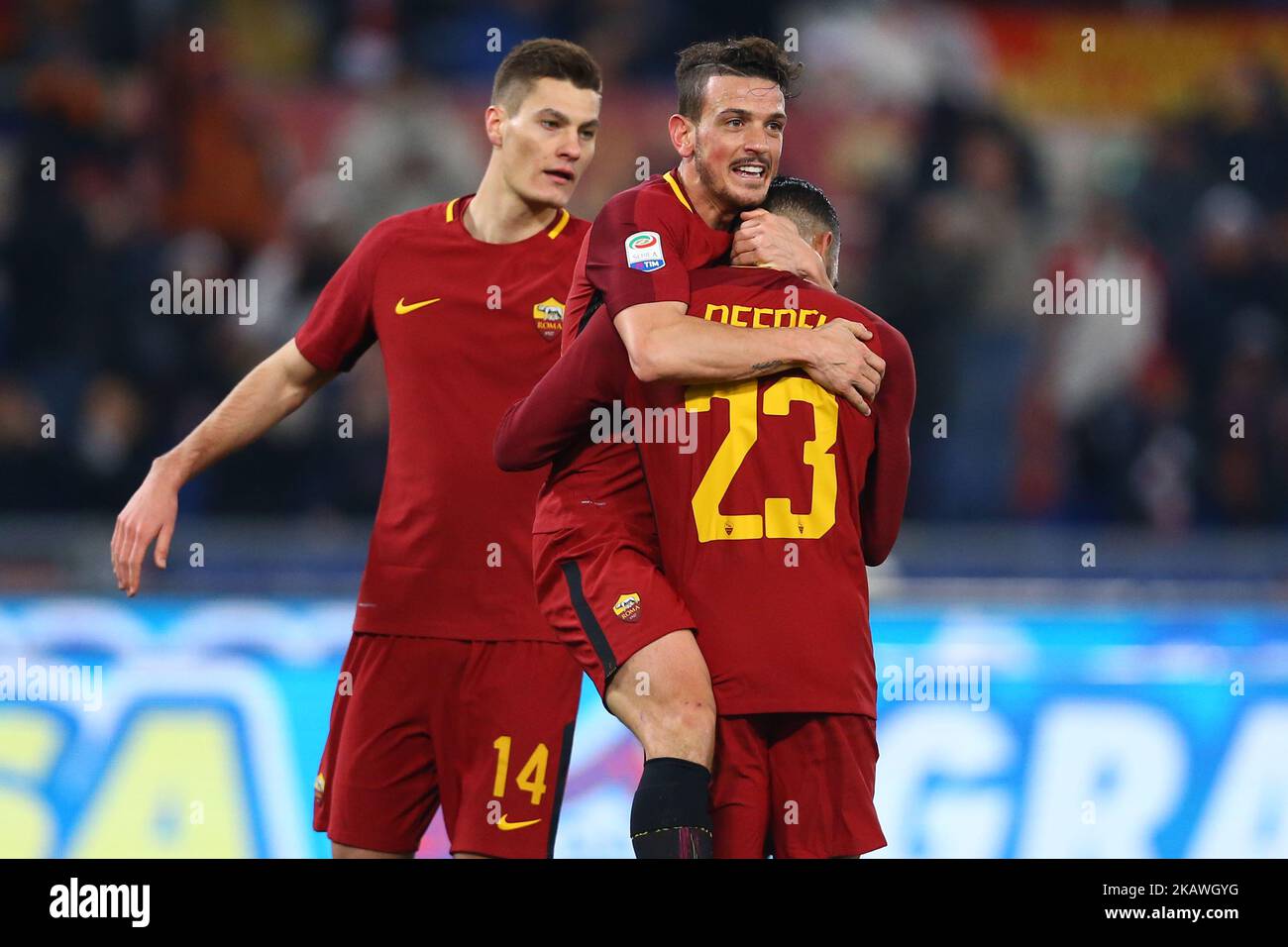 Patrik Schick with Alessandro Florenzi and Gregoire Defrel of Roma ...