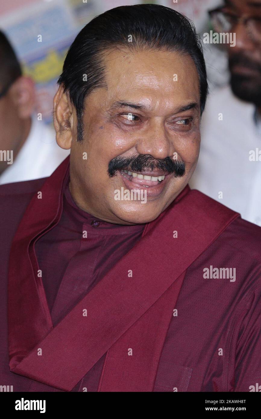 Former president Mahinda Rajapaksa smiles at a press briefing at the ...